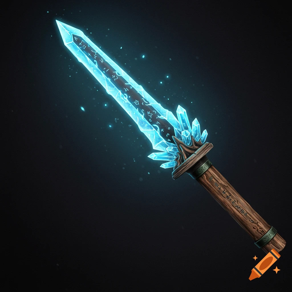 A glowing blue crystal sword with runes and a wooden hilt. on Craiyon