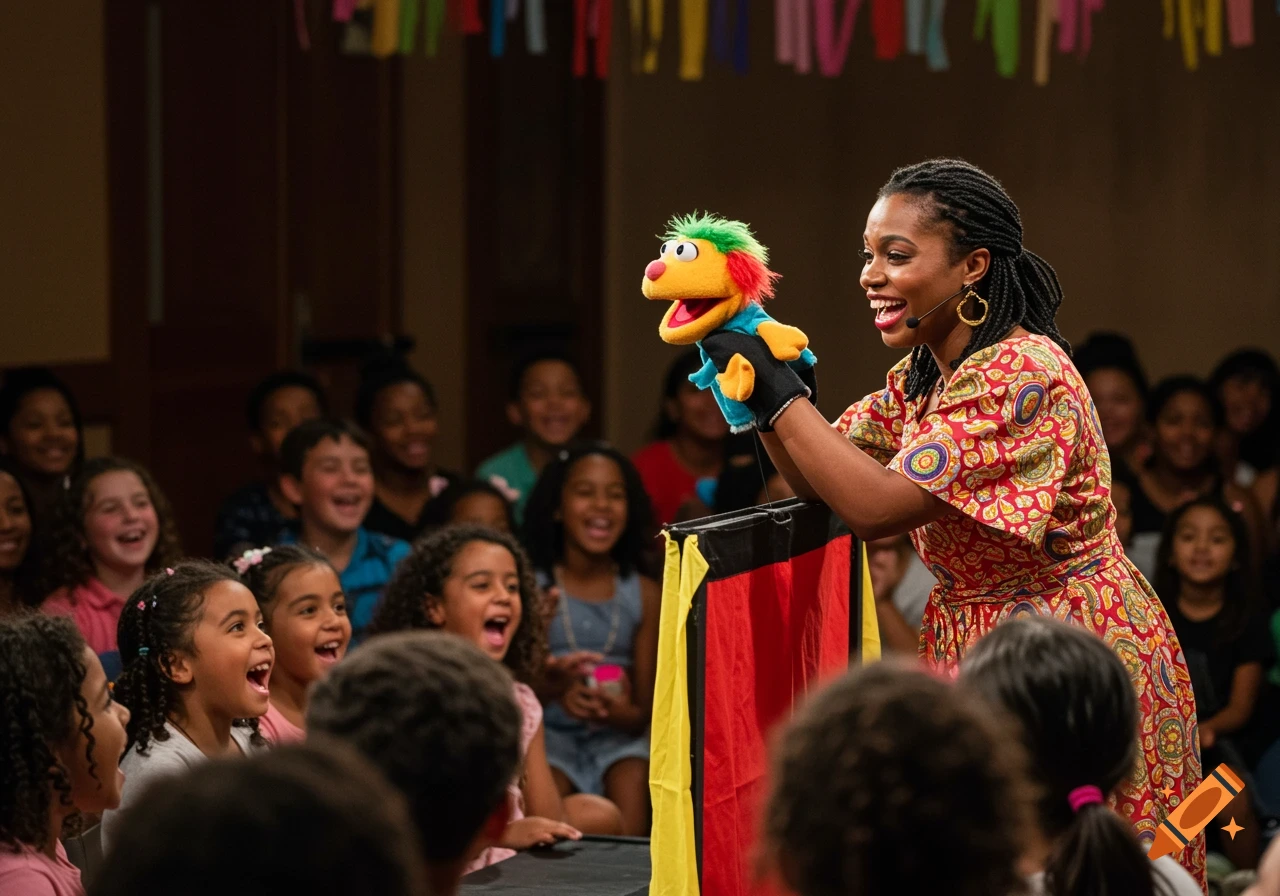 A woman performs a puppet show for a laughing audience of children. on ...