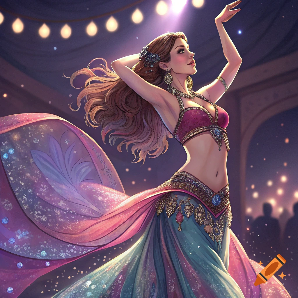 An illustration of a woman in a vibrant belly dancing costume performing on a stage under lights ...