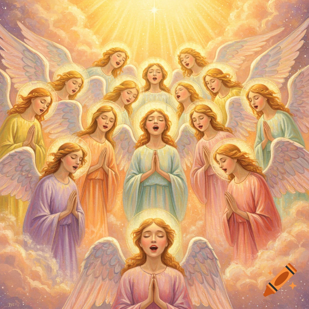 Many angels with halos singing and praying in clouds with golden light ...