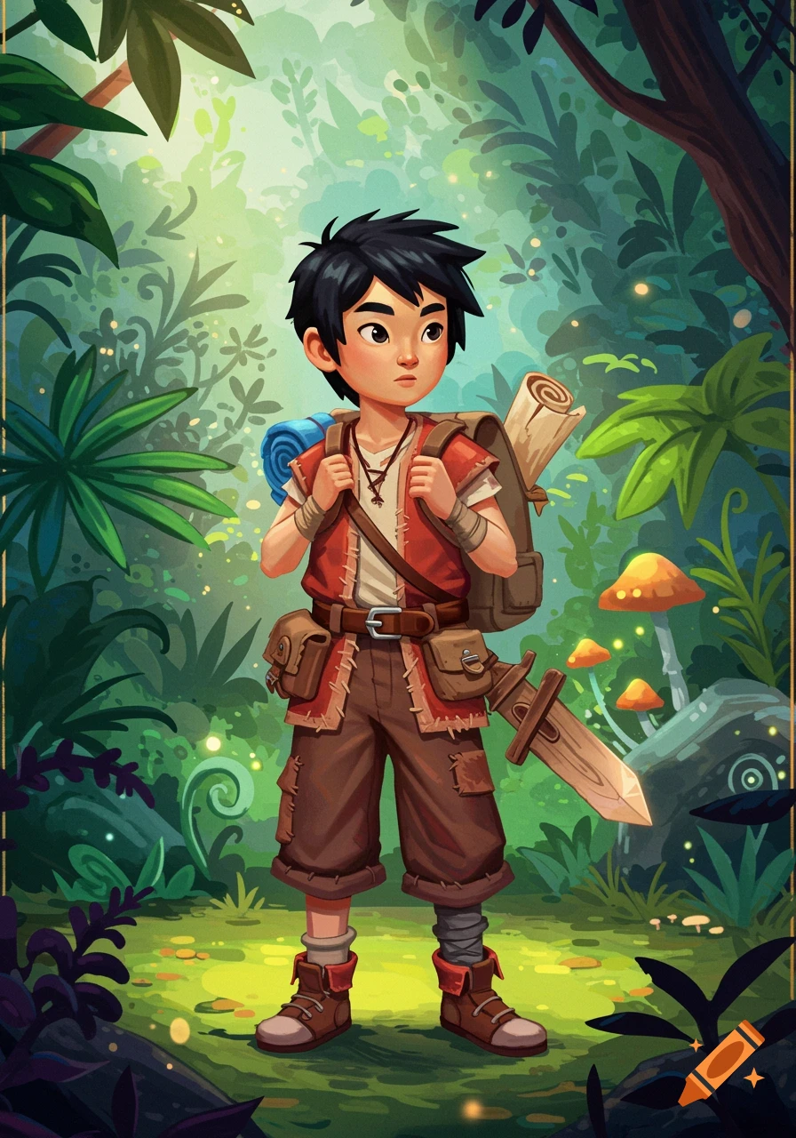 Illustration of a young boy dressed as an adventurer in a forest on Craiyon