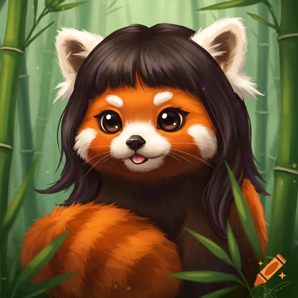 A cute cartoon red panda with dark hair and bangs sits among bamboo ...