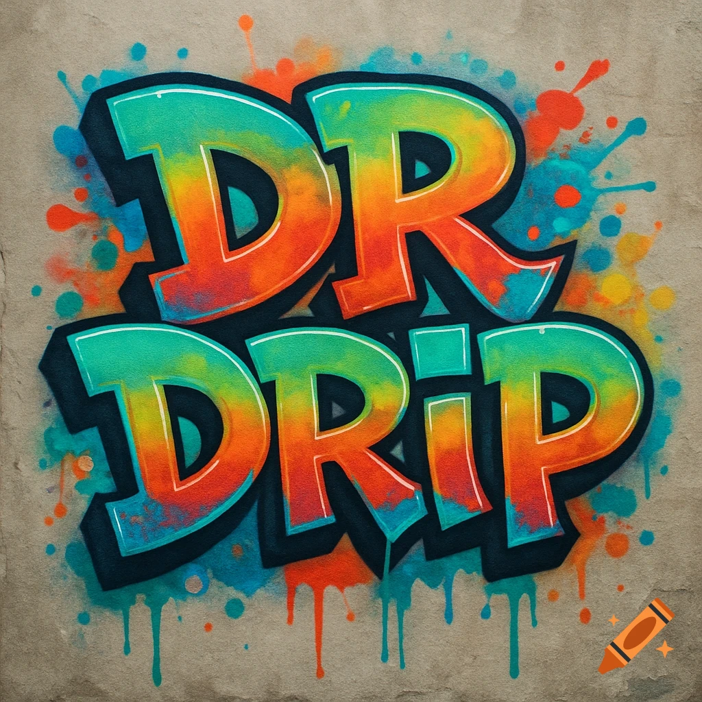 Colorful graffiti text reading DR DRIP on a textured wall with paint ...