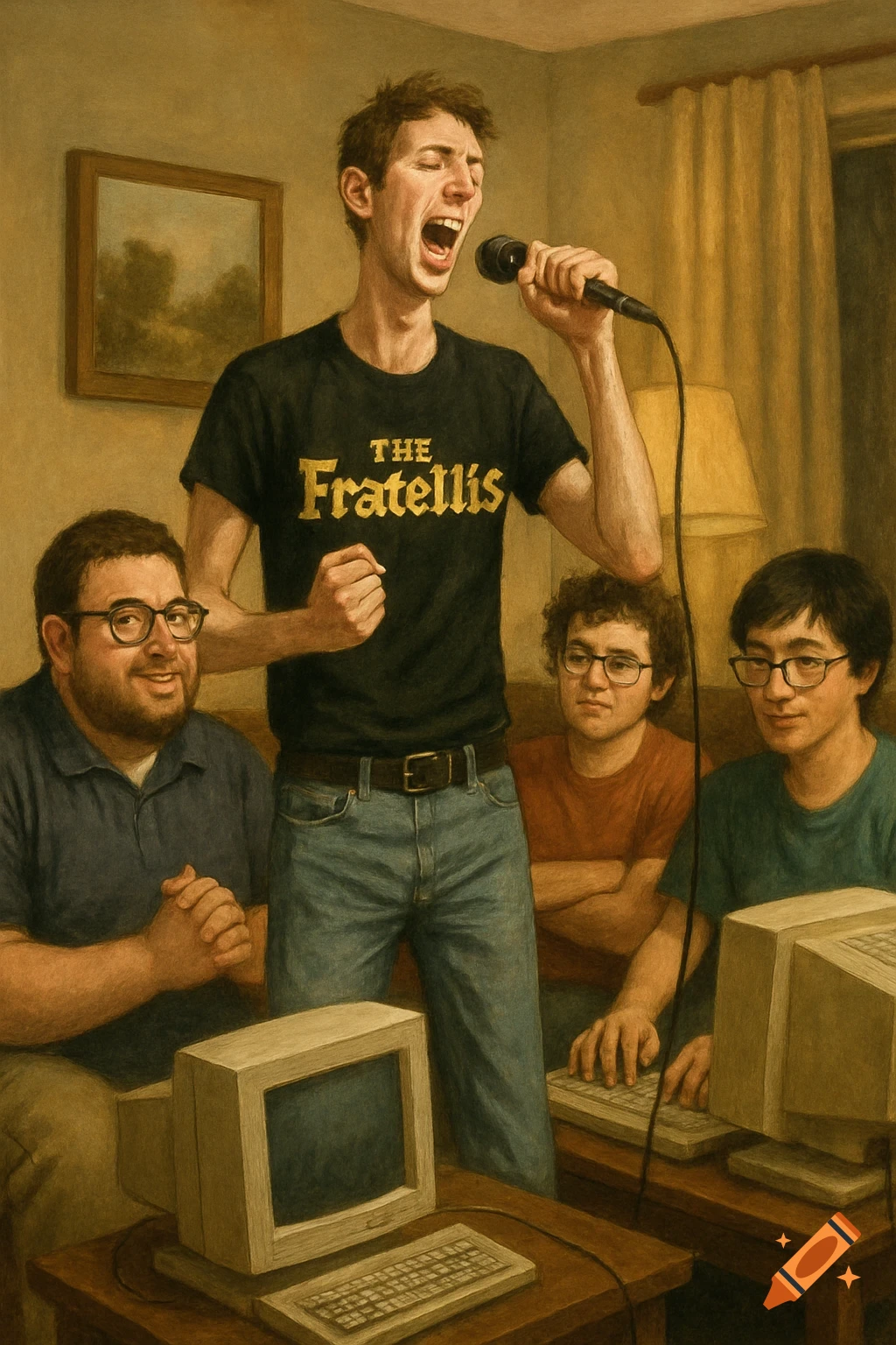 Illustration of a man singing karaoke with others by computers on Craiyon