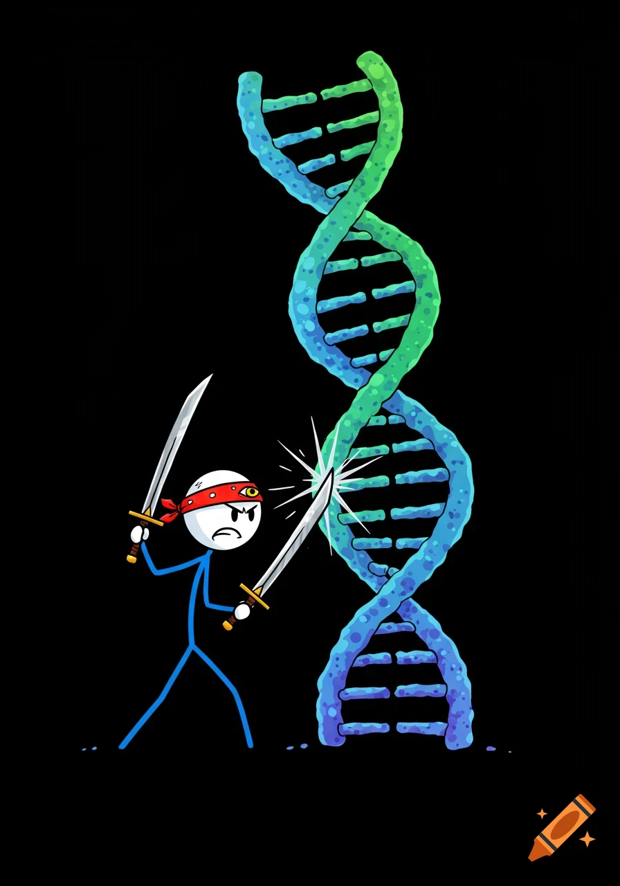 Cartoon stick figure with two swords fighting a DNA strand. on Craiyon