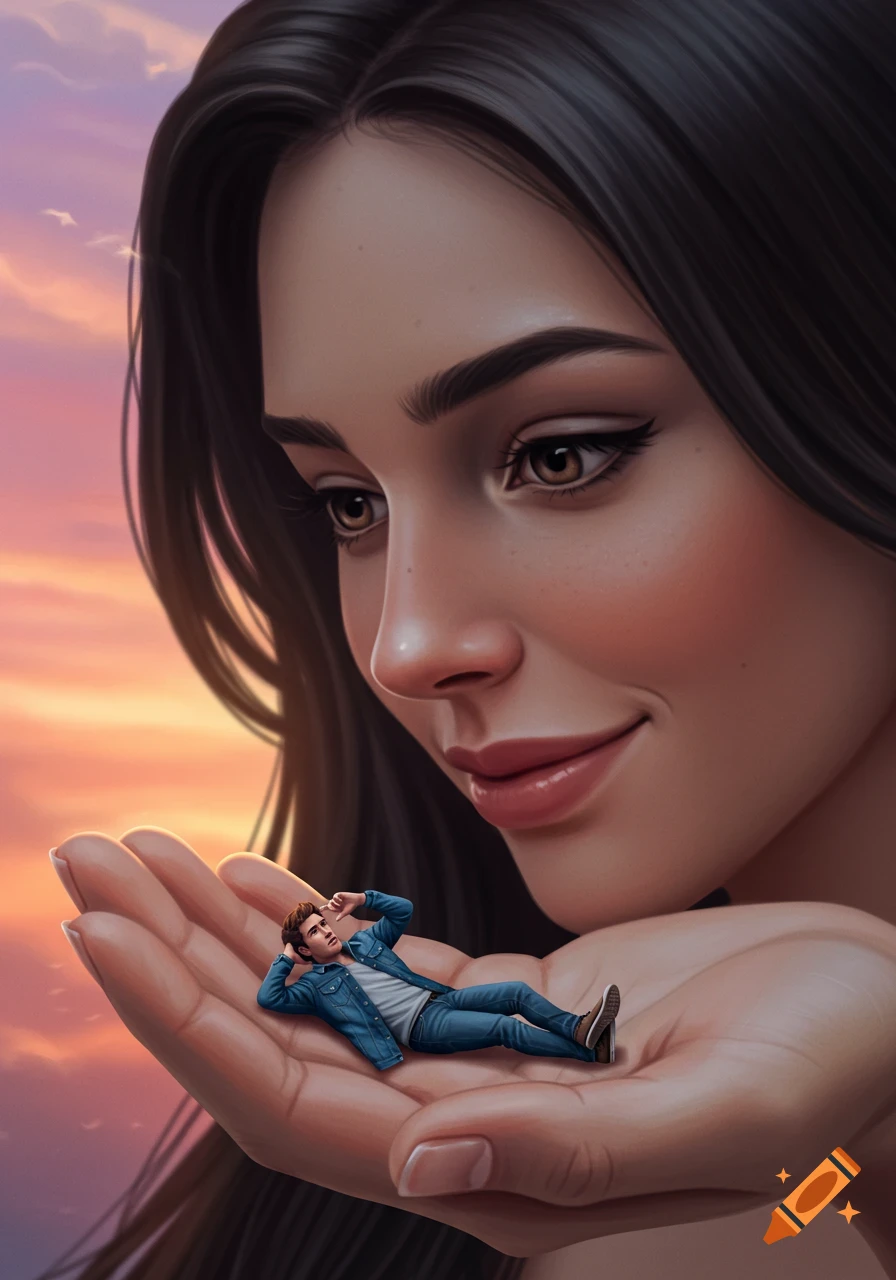 Giant woman holds a tiny man in her hand against a sunset sky, digital ...