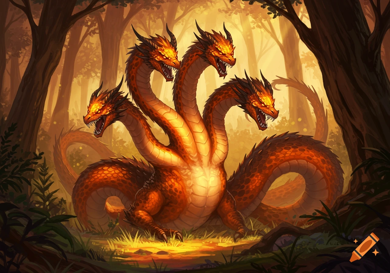 An orange and black five-headed hydra creature in a forest, digital ...