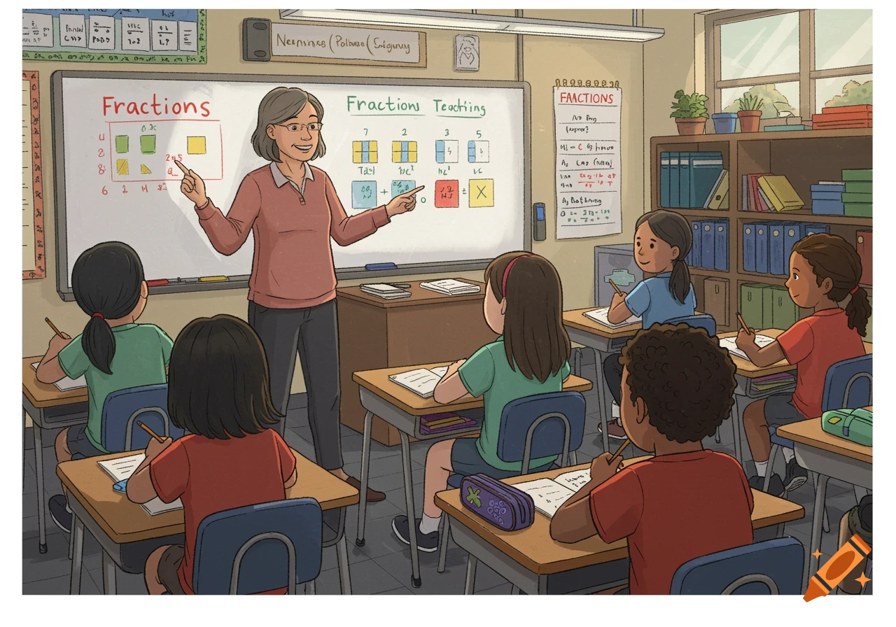 Illustration of a teacher showing fractions on a whiteboard to students ...