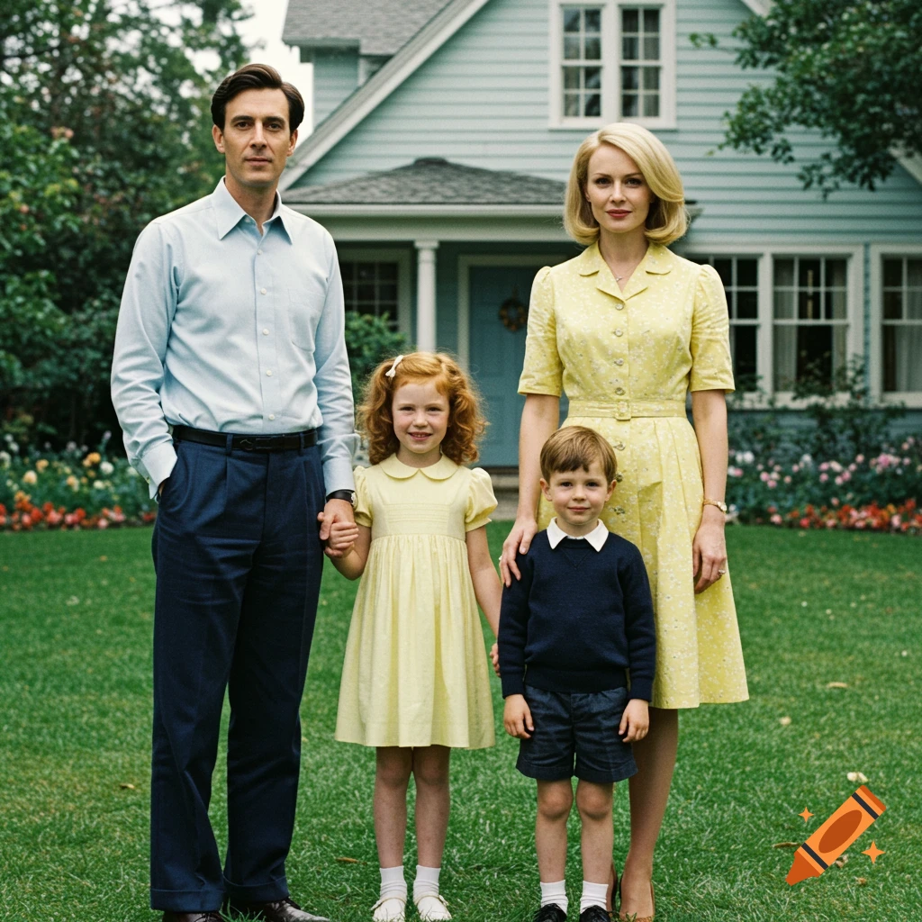 A family poses in front of a house, in a Wes Anderson style photo. on ...