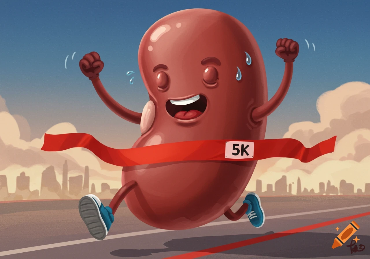 Cartoon bean character celebrates winning a 5K race, breaking the ...