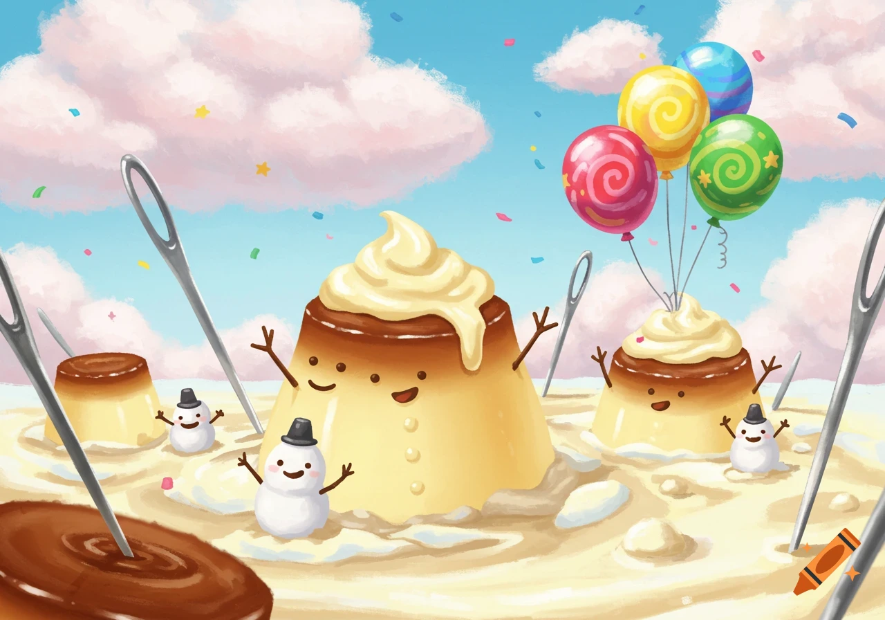 Cute custard characters and snowmen celebrate among giant needles and ...