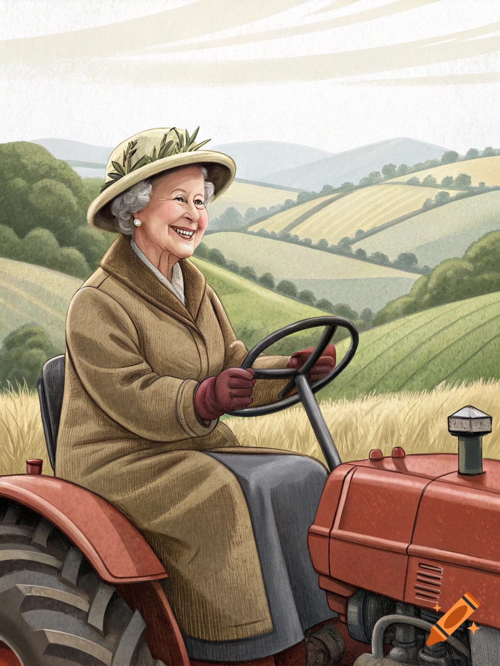 Illustration of Queen Elizabeth II smiling while driving a red tractor ...