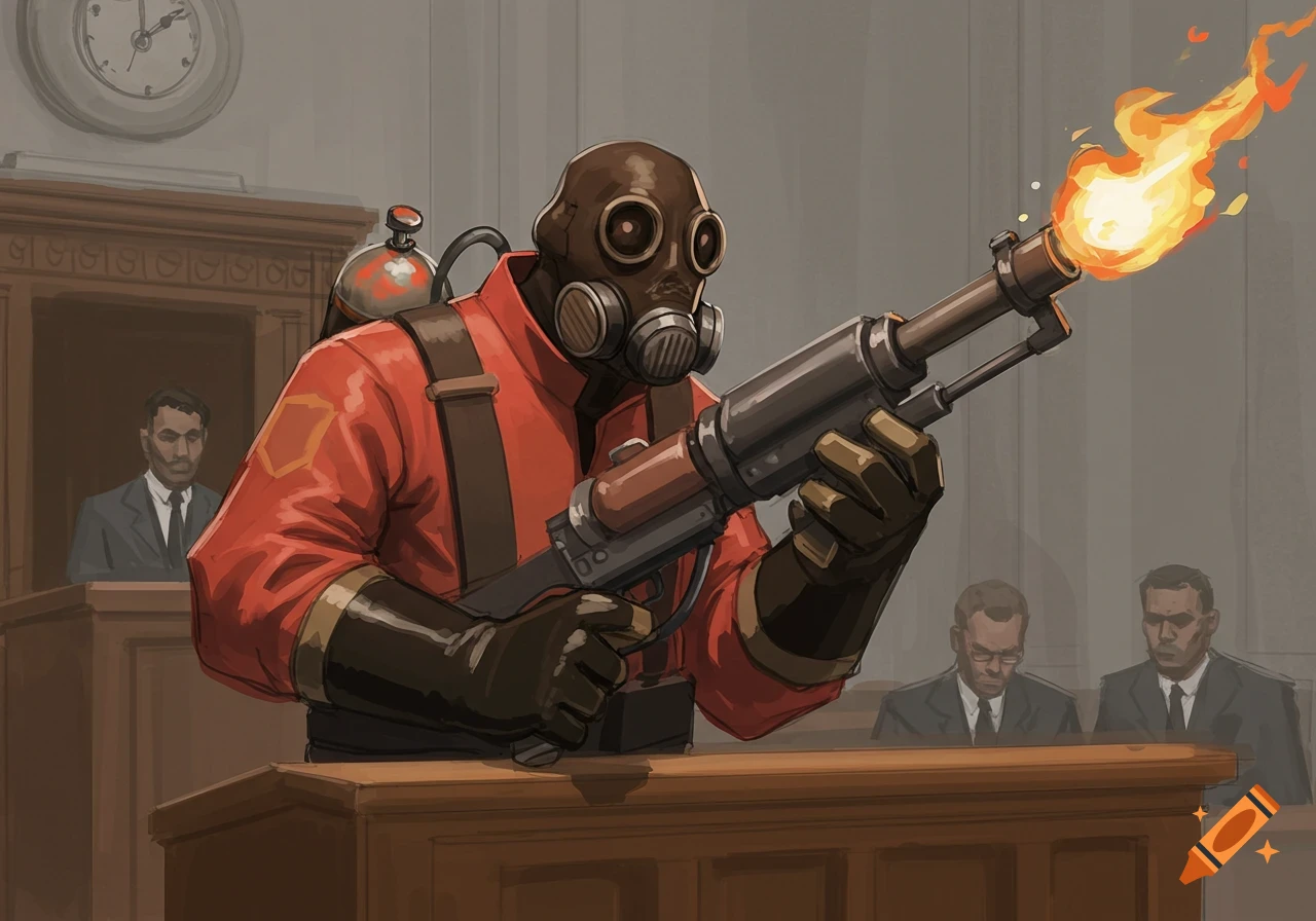 TF2 Pyro stands in a courtroom holding a flamethrower in a sketch style ...