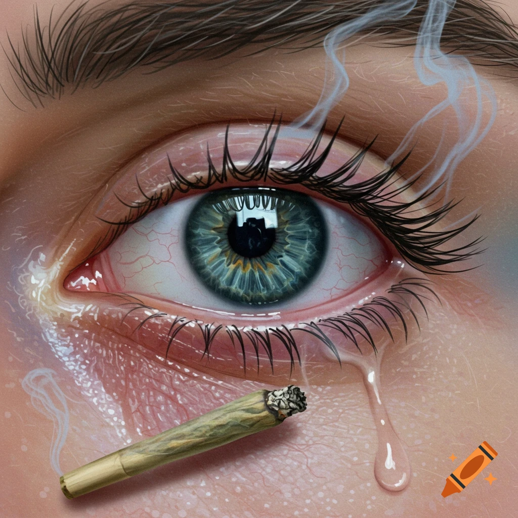 Close-up of a realistic eye crying with a joint and smoke below it. on ...