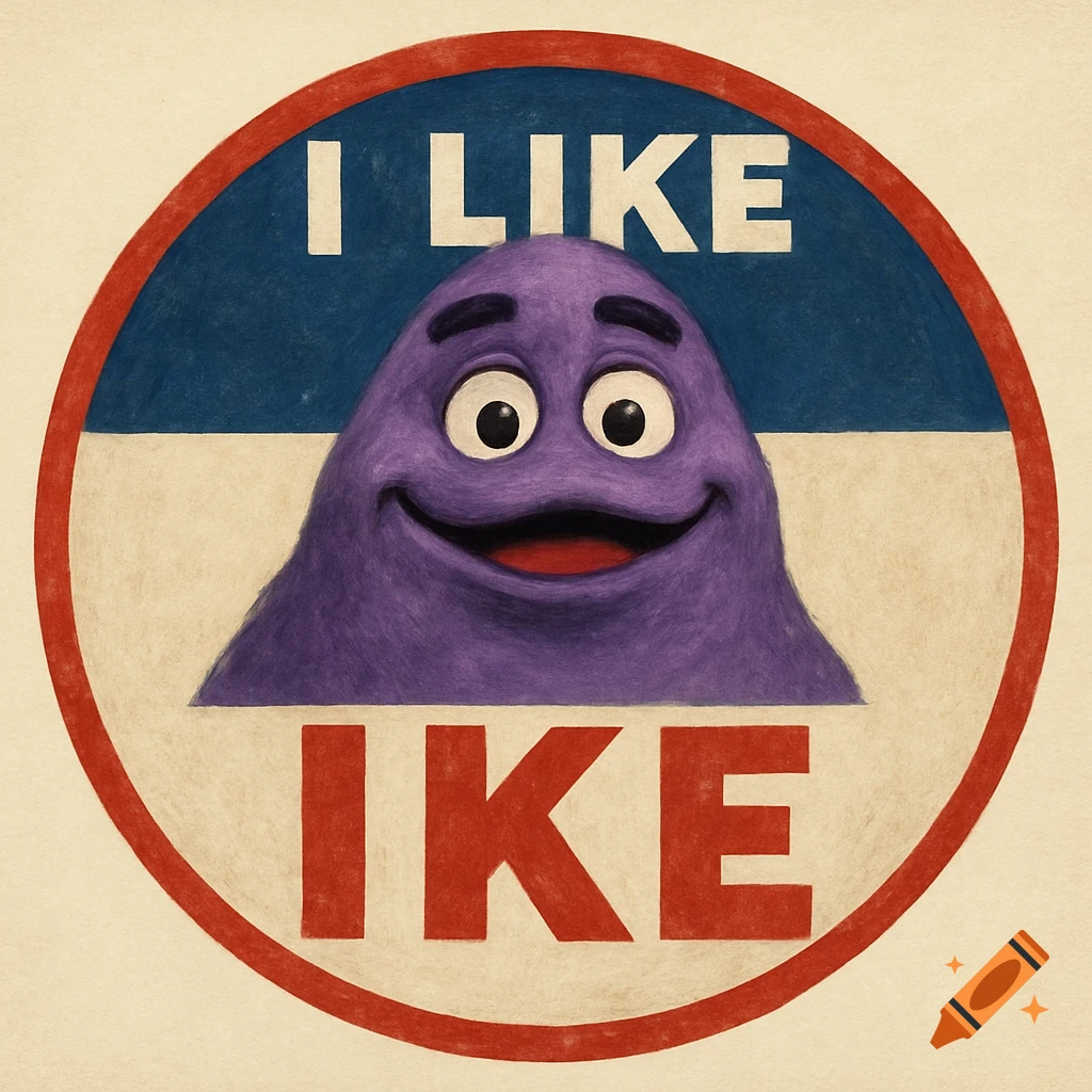 Grimace on a vintage style voting sticker with the text I LIKE IKE on ...