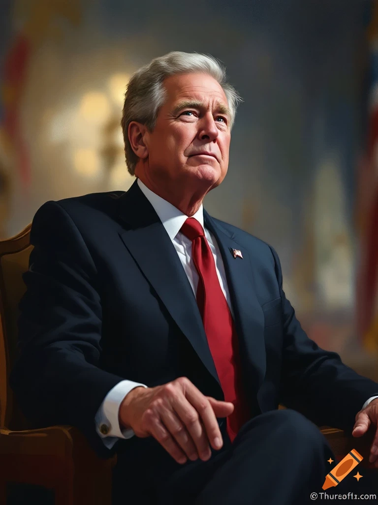 Photorealistic portrait of a man resembling George W. Bush sitting in a ...