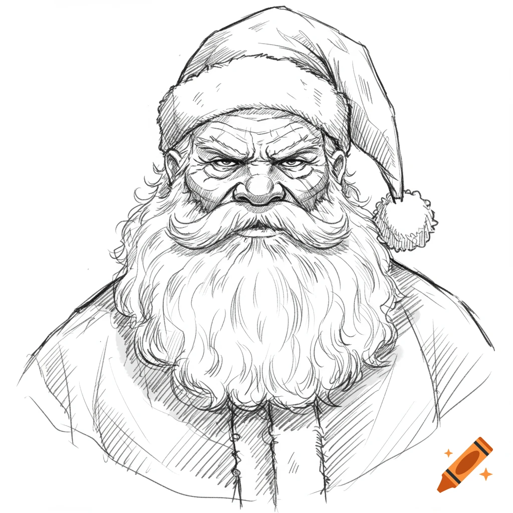 A black and white pencil sketch of a stern-looking Santa Claus bust. on ...