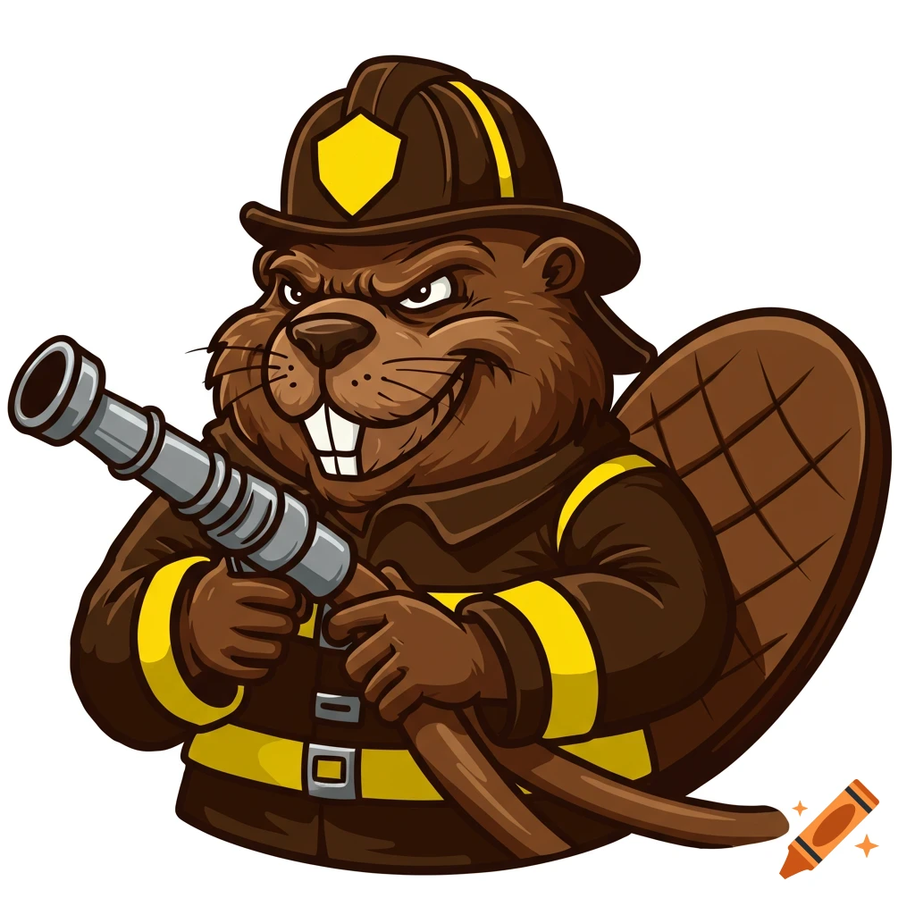 Cartoon beaver firefighter holding a hose with an evil grin. on Craiyon