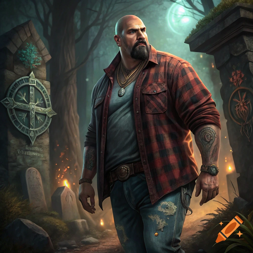 Man in a flannel shirt and jeans in a spooky graveyard with symbols and ...