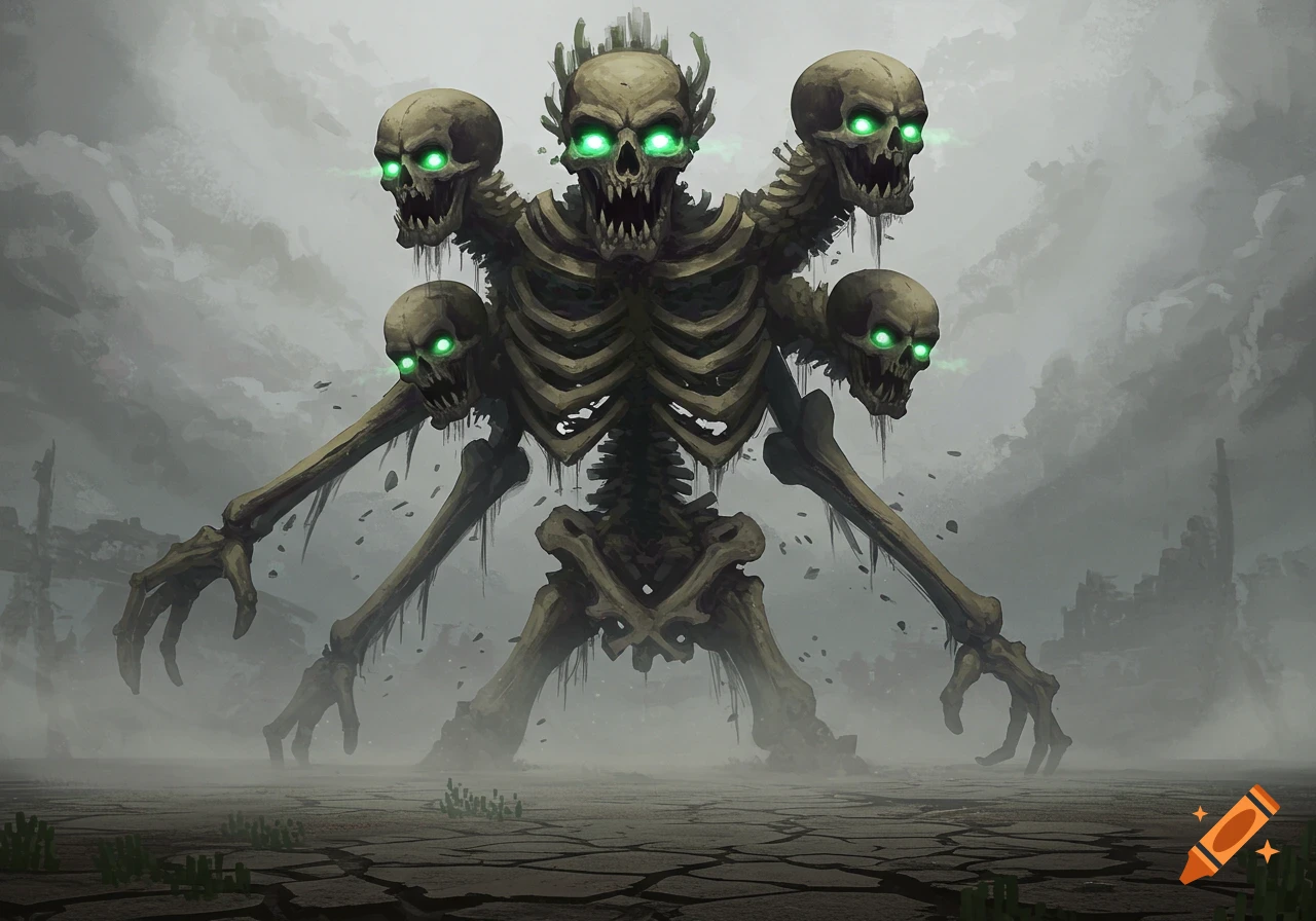 A skeletal monster with multiple heads and glowing green eyes stands in ...
