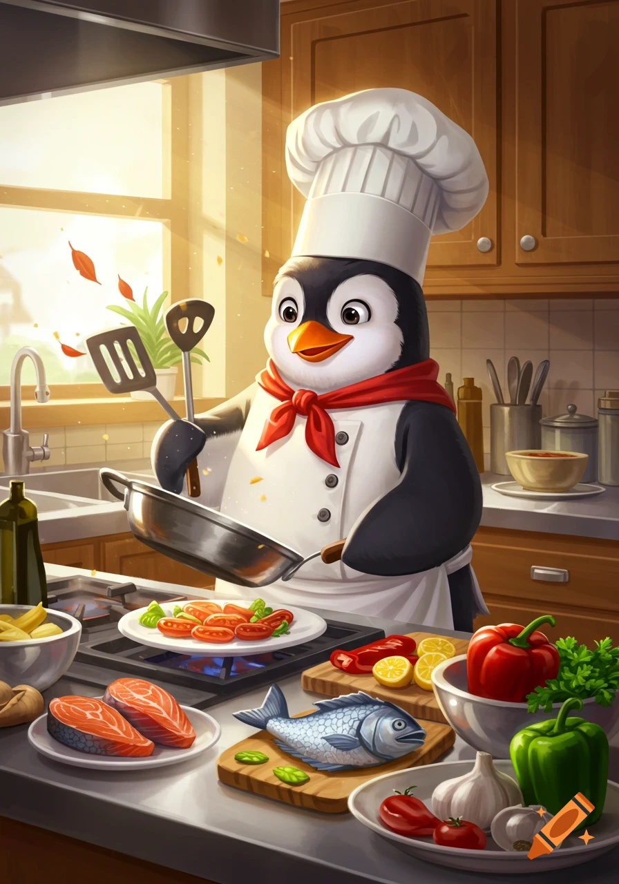 A cartoon chef penguin cooking fish and vegetables in a sunny kitchen ...