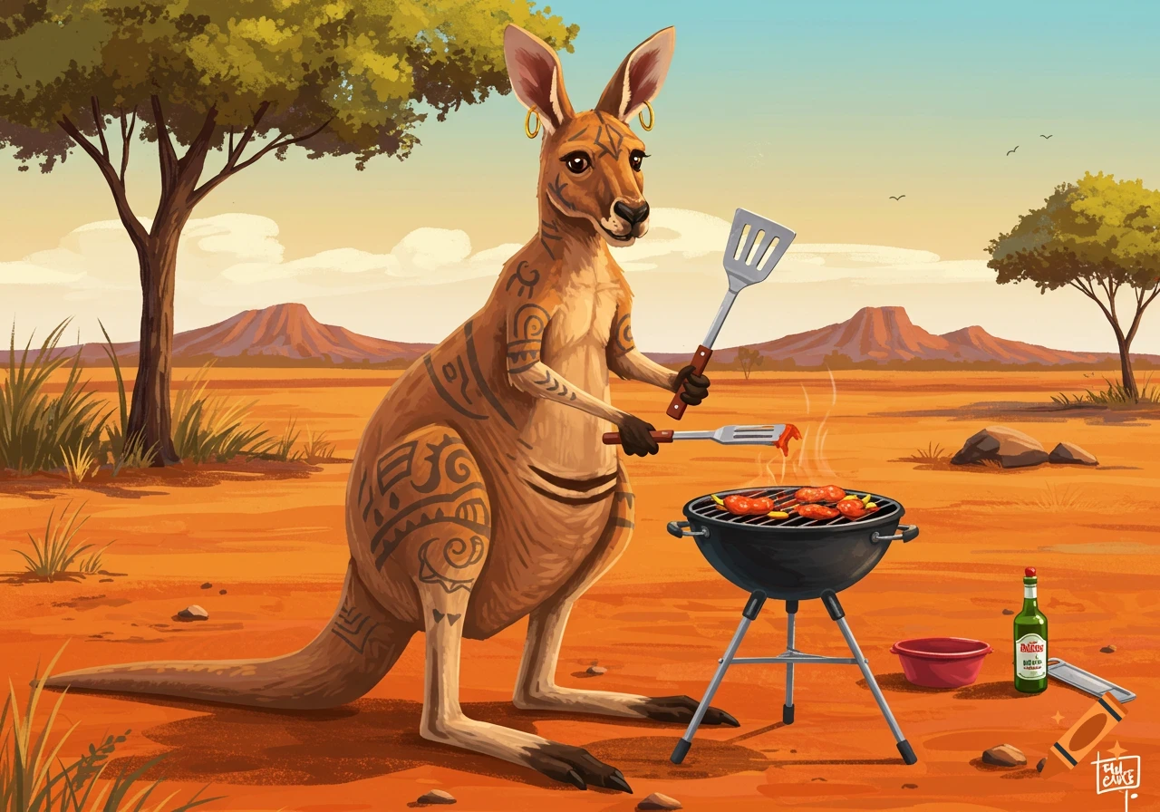 A cartoon kangaroo with tattoos cooks sausages on a barbecue grill in an Australian outback ...