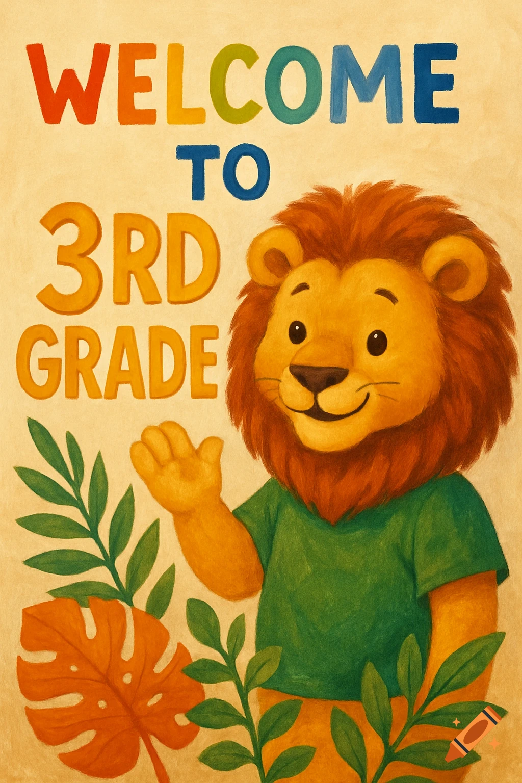 An illustration of a friendly lion waving, with the text "WELCOME TO ...