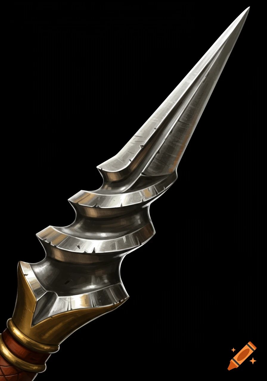 Close-up of a detailed fantasy spear tip with a spiral shape and metal ...