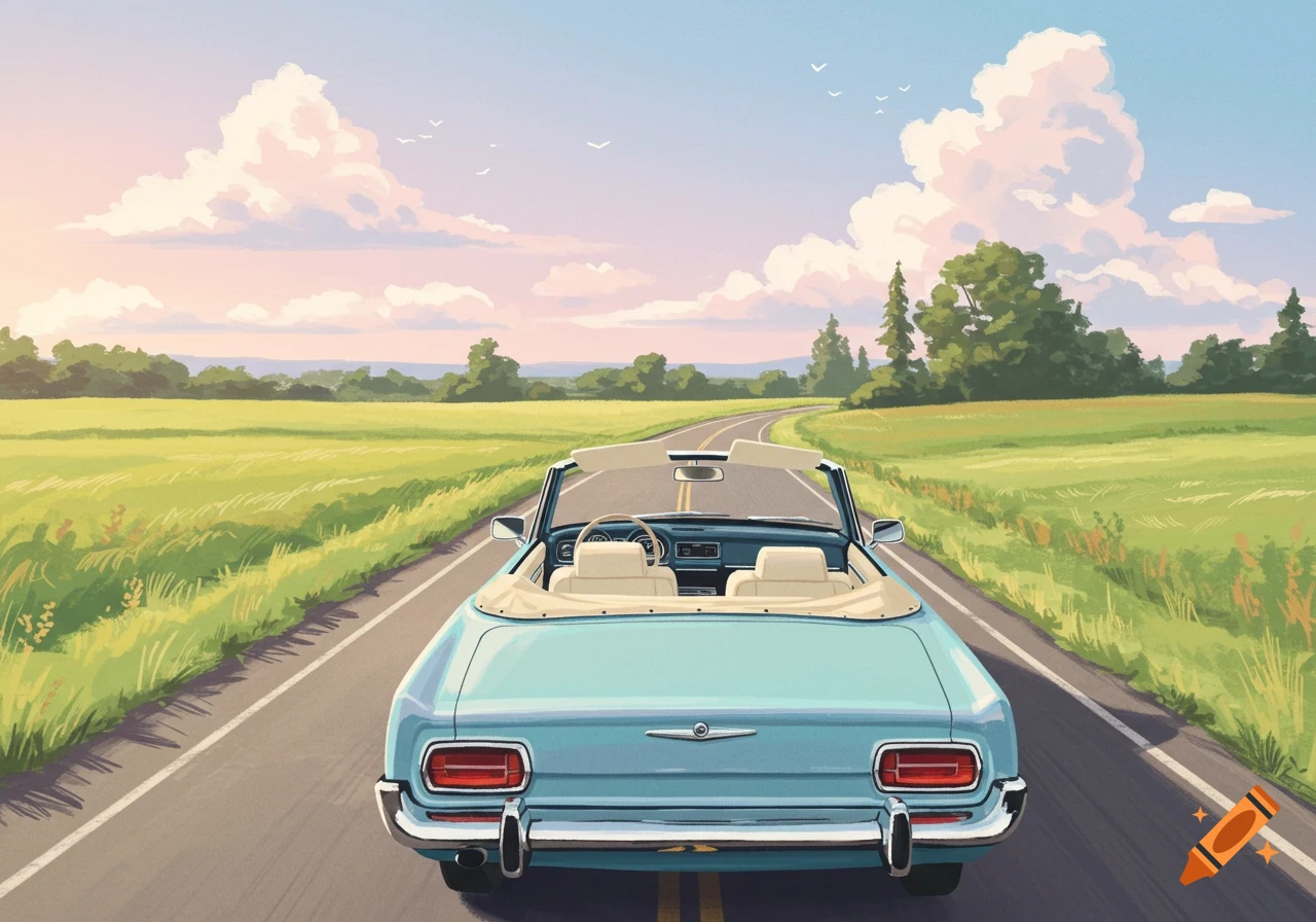 Pastel drawing of the back of a light blue convertible driving on a ...
