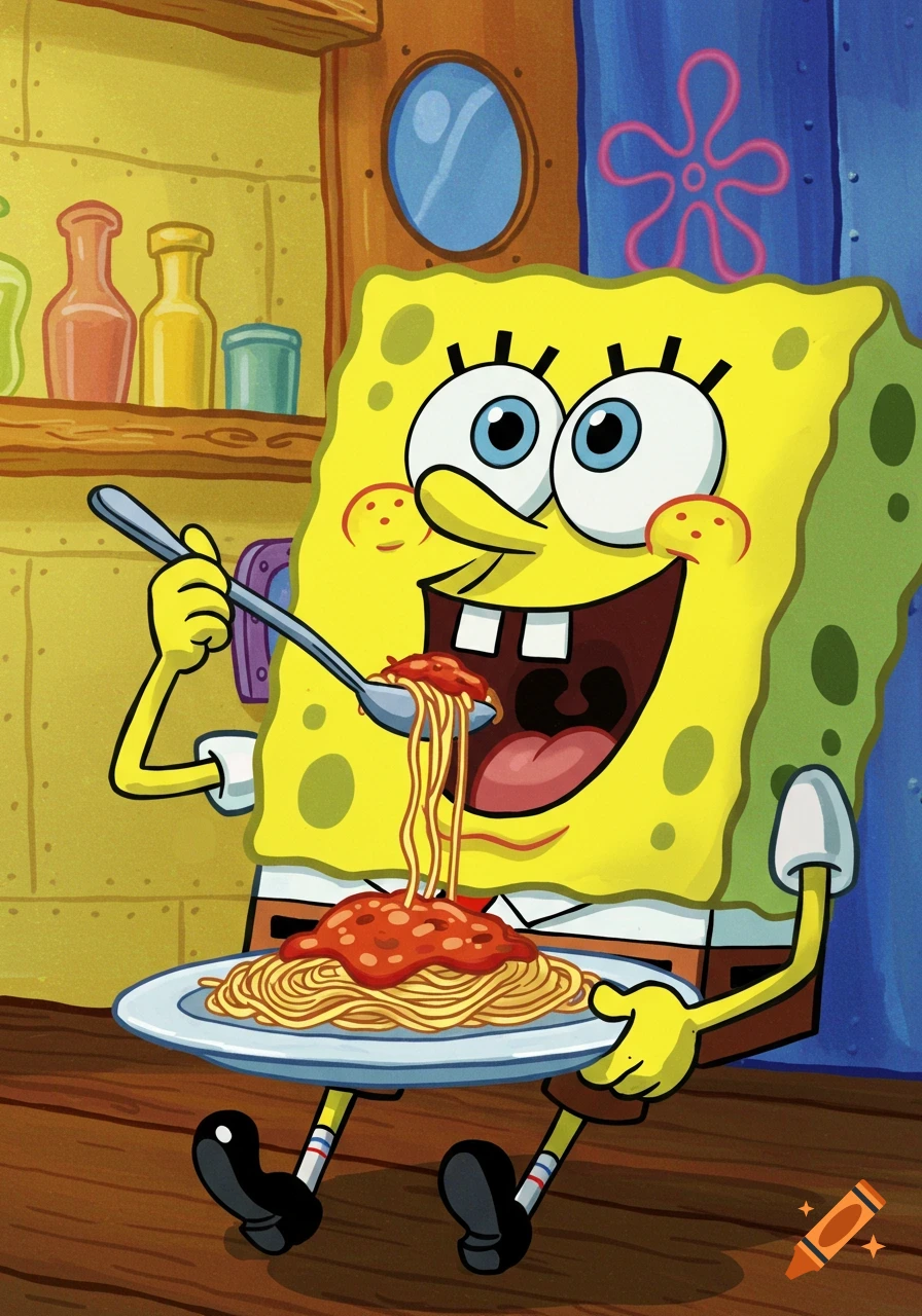 Spongebob Squarepants excitedly eats a plate of spaghetti on Craiyon