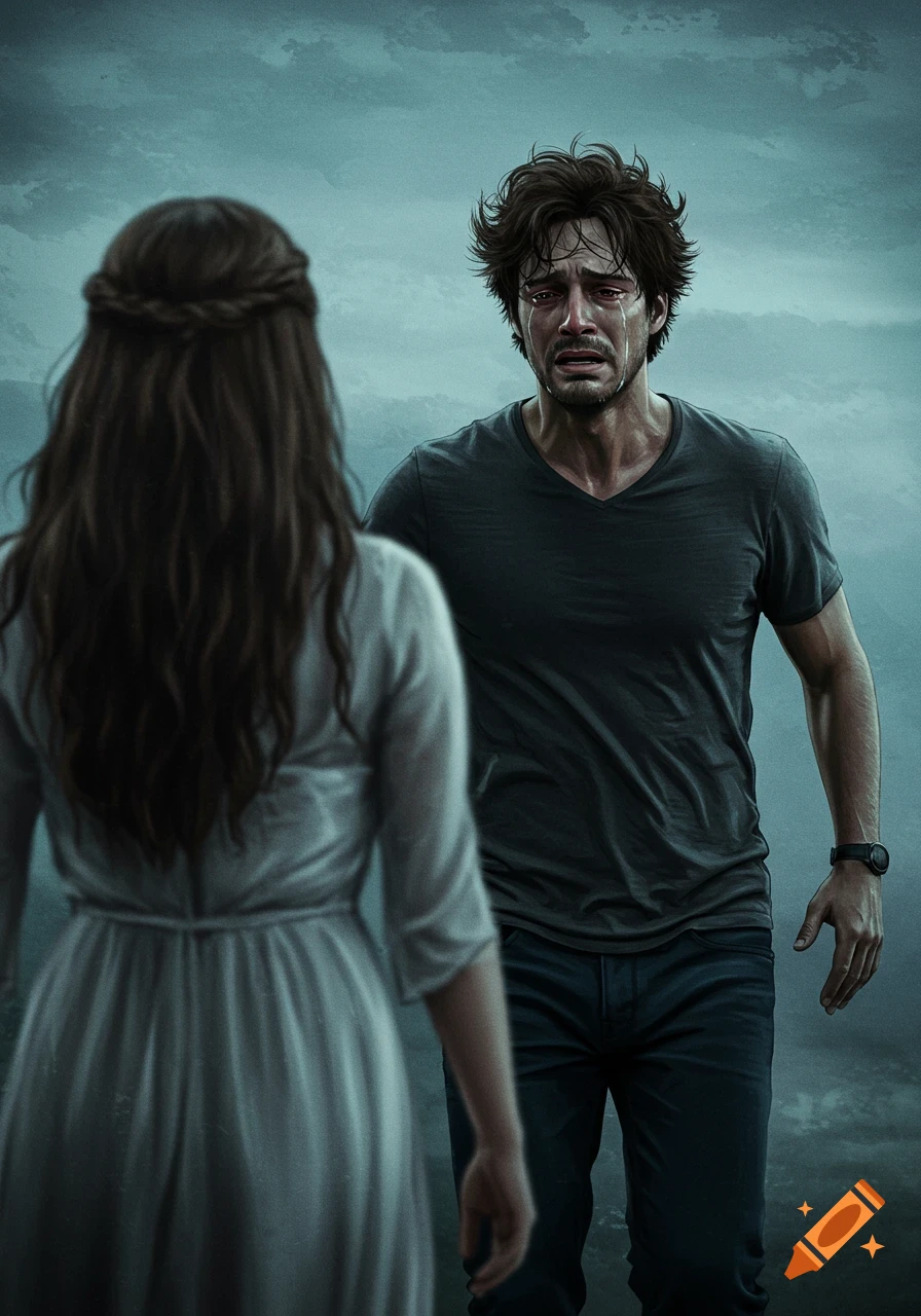 Digital painting of a crying man reaching for a woman in a white dress ...