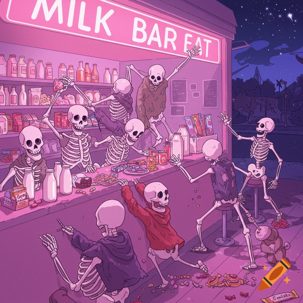 Cartoon skeletons party and raid a pink-lit milk bar at night. on Craiyon