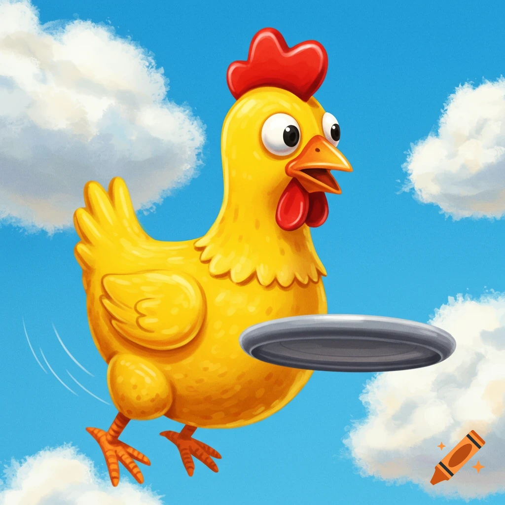 Cartoon chicken flying with a frisbee through fluffy clouds on Craiyon