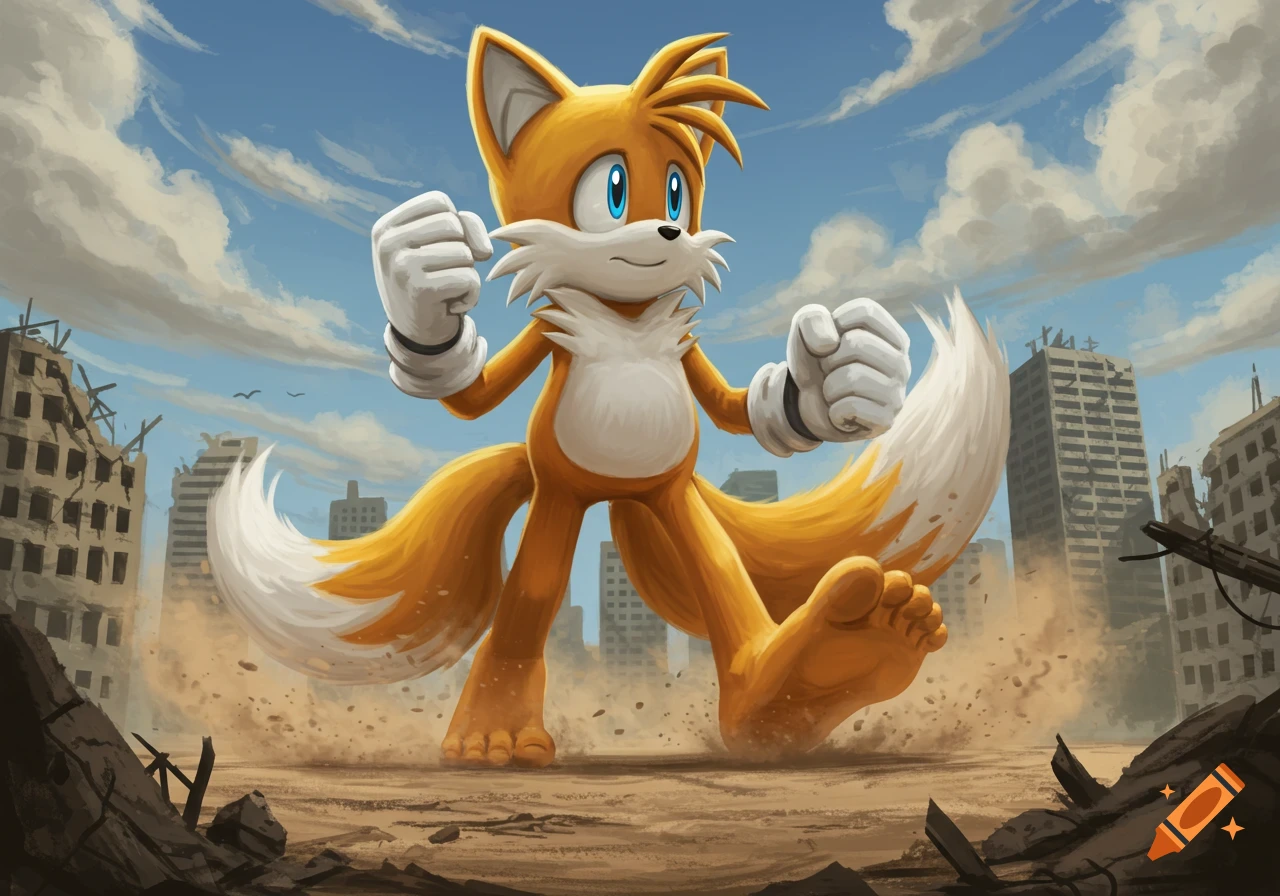Giant Tails the Fox walks through a destroyed city, kicking up dust, in ...
