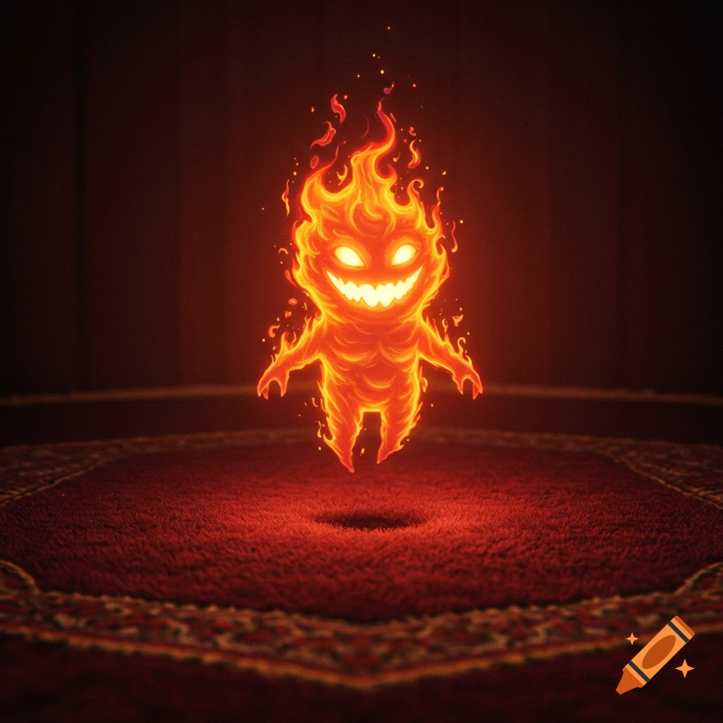 A cartoon-style fiery creature with a devilish grin hovers above a red ...