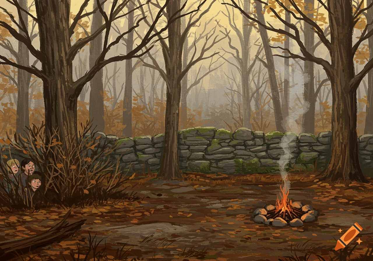 Illustration of children hiding behind a bush watching a campfire in a ...