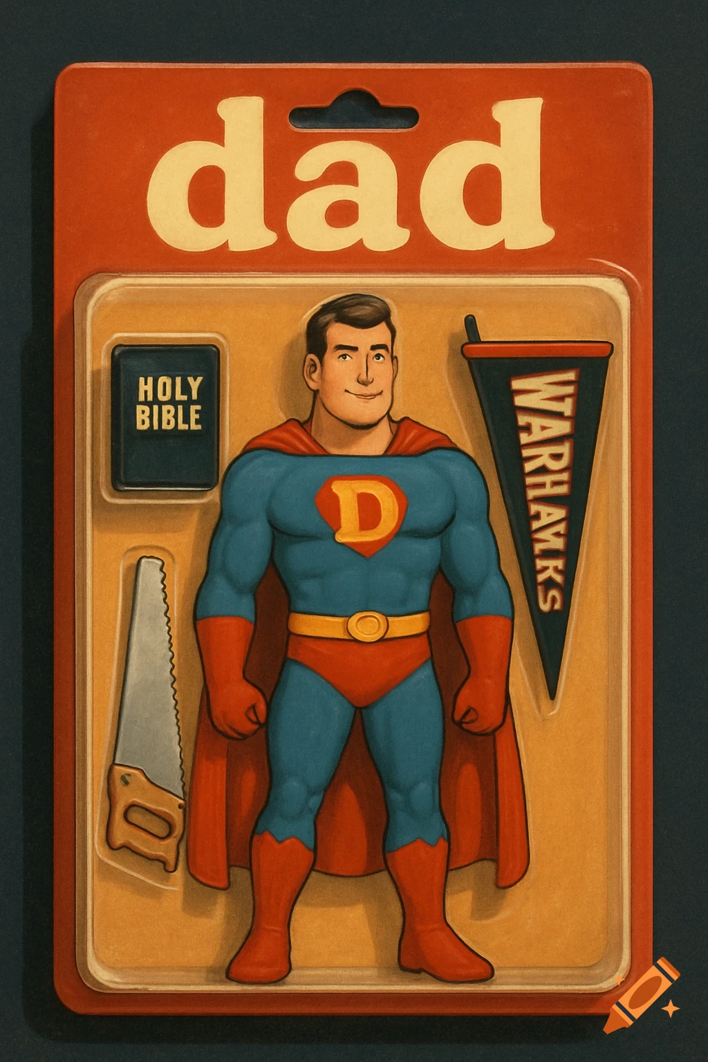 Action figure package for 'dad' with a superhero figure, Bible, saw, and pennant. on Craiyon