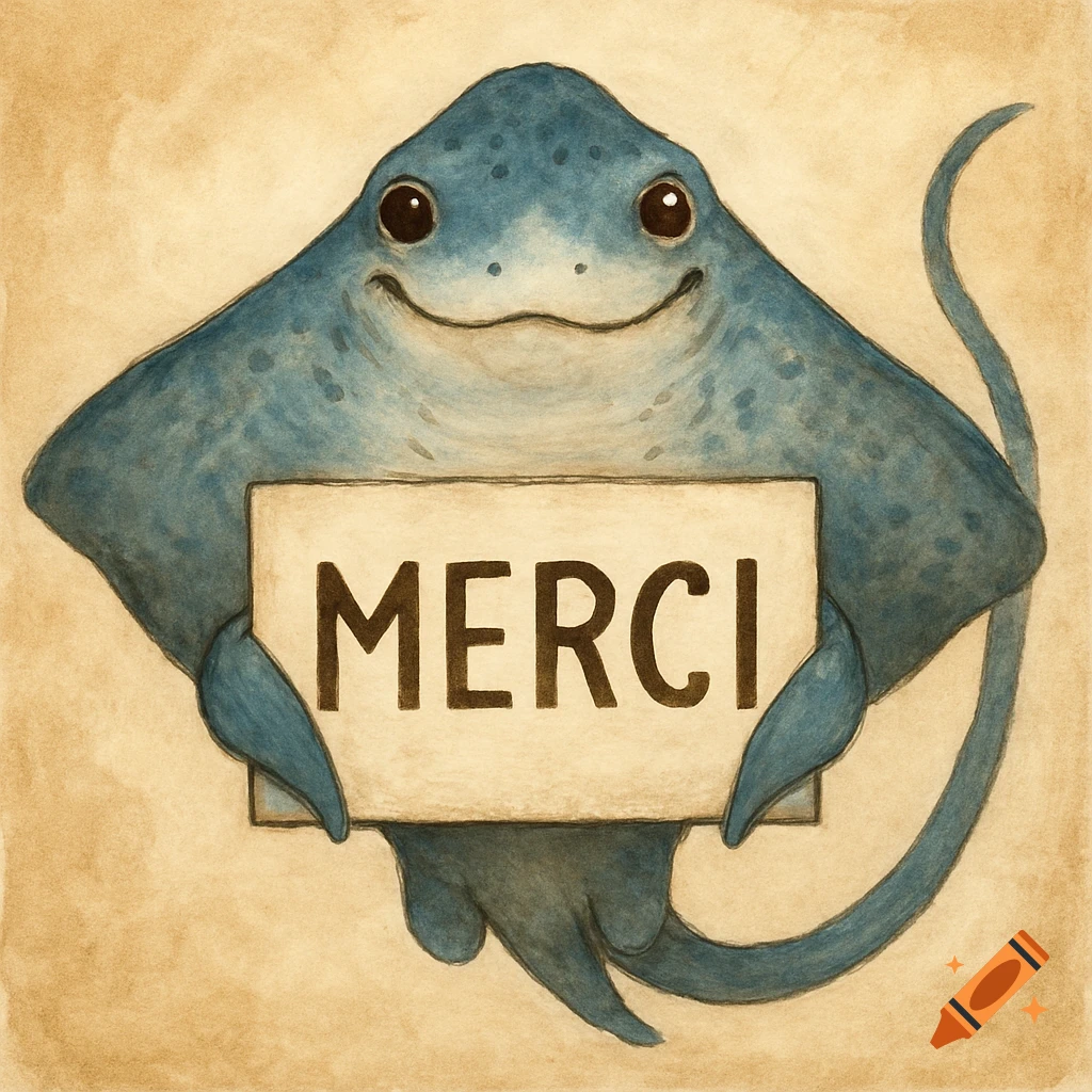 A cute cartoon watercolor illustration of a blue stingray holding a ...