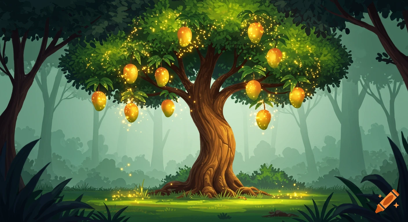 A magical tree with glowing golden mangoes stands in a mystical forest ...