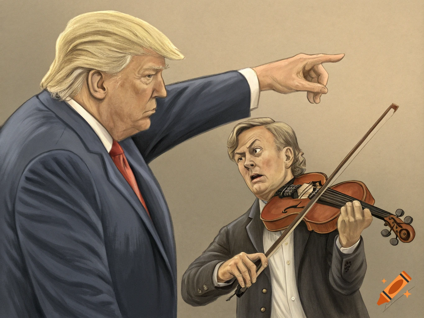 Illustration of Donald Trump pointing at a man playing a violin. on Craiyon