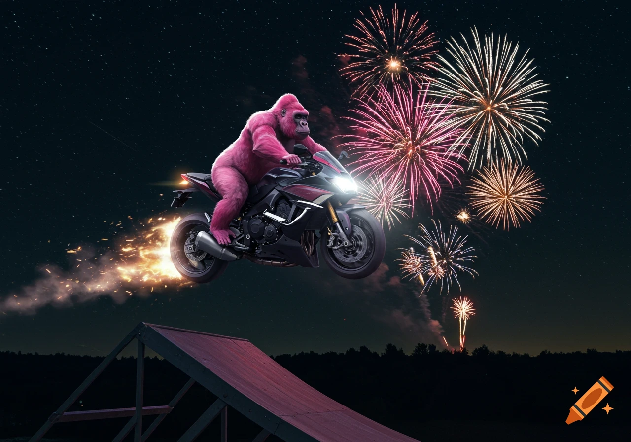 A pink gorilla rides a motorcycle off a ramp at night with fireworks ...