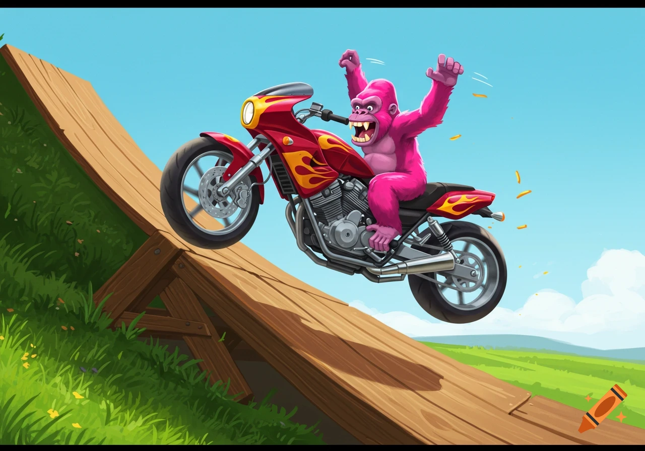 Cartoon illustration of a pink gorilla on a red motorcycle jumping off ...