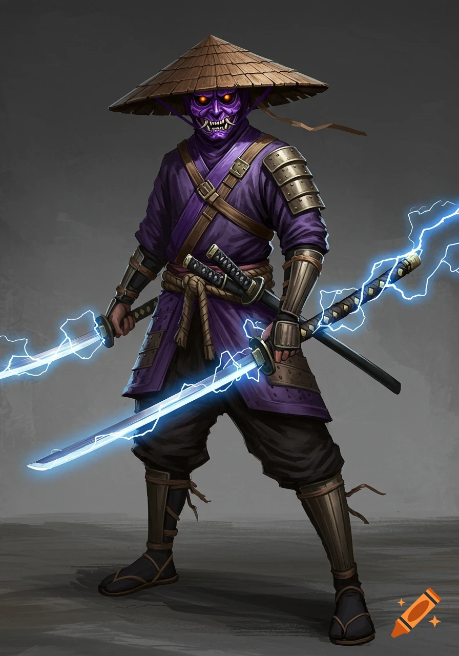 Illustration of a samurai with a purple mask, straw hat, and lightning ...
