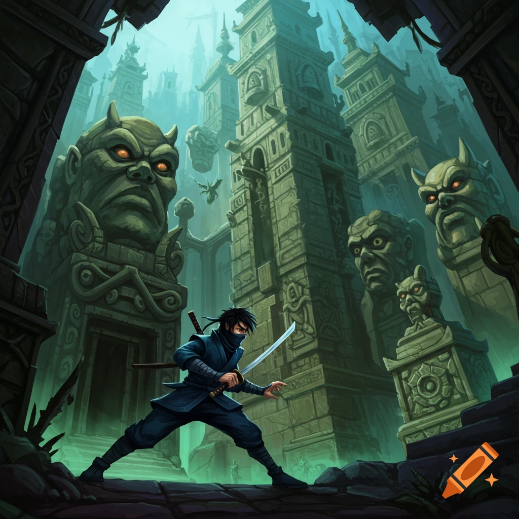 A ninja with a sword stands in an ancient courtyard surrounded by large ...