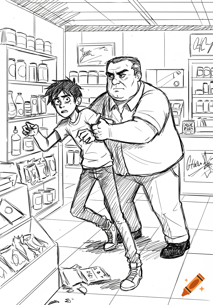 A black and white sketch of a large man restraining a teenage boy in a ...