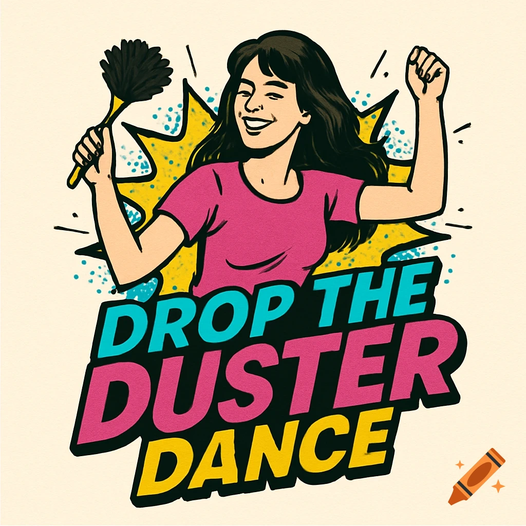 Pop art illustration of a woman dancing with a duster and text 'Drop ...