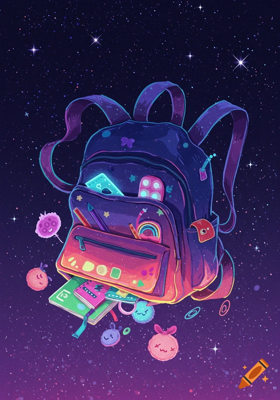 Vibrant illustration of a backpack floating in space with school ...