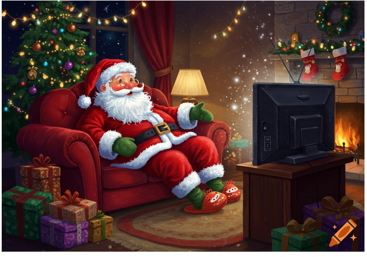 Santa Claus watching TV in a cozy living room with a Christmas tree and ...