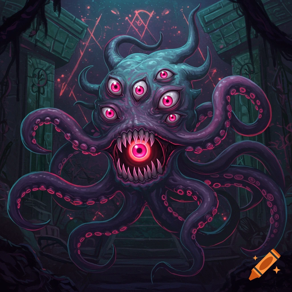 A monstrous creature with many pink eyes, sharp teeth, and purple ...