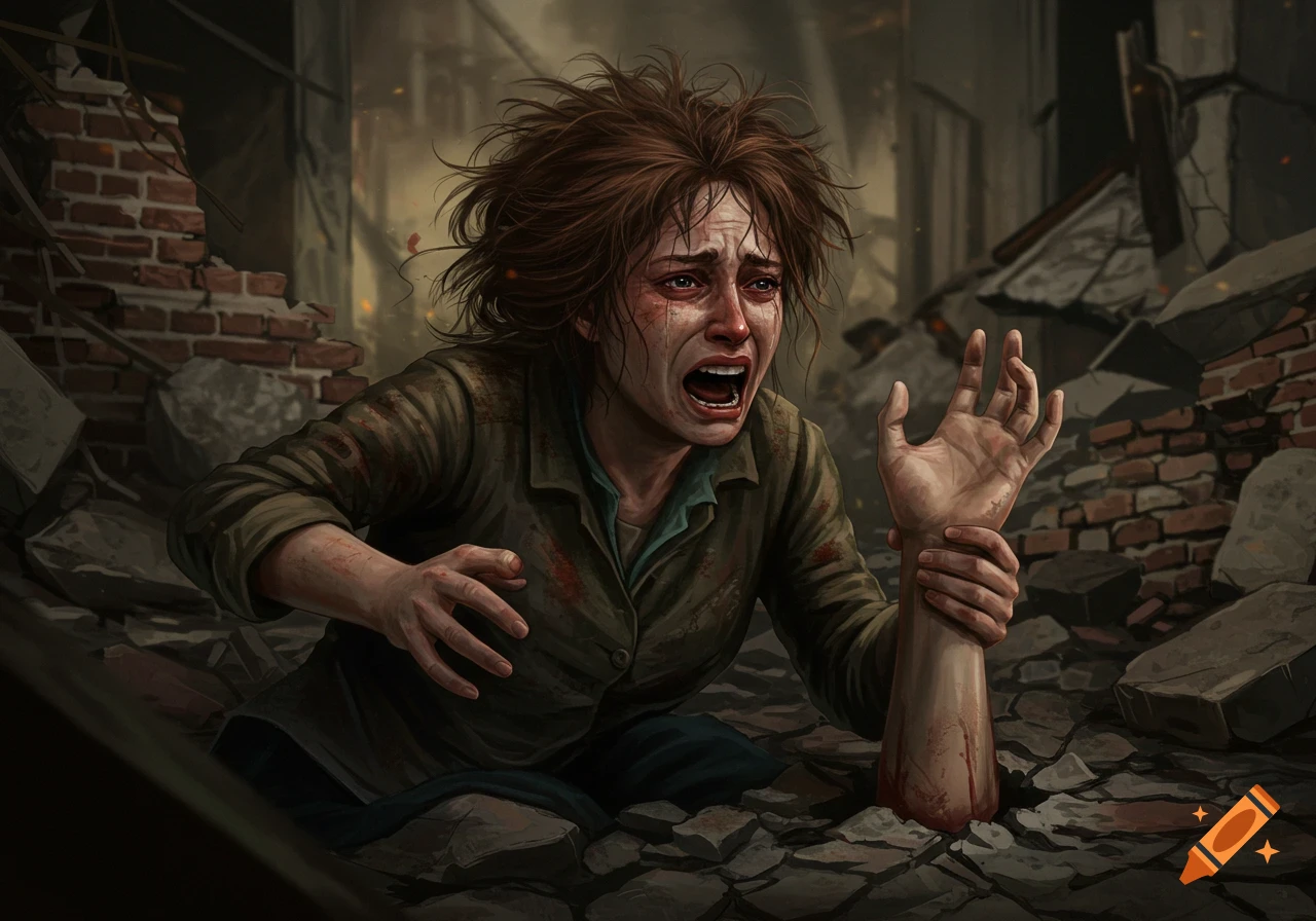 Digital illustration of a distraught woman crying in war rubble ...